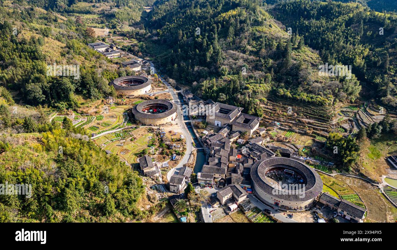 Aerial of the Hekeng Fujian Tulou, UNESCO World Heritage Site, rural ...