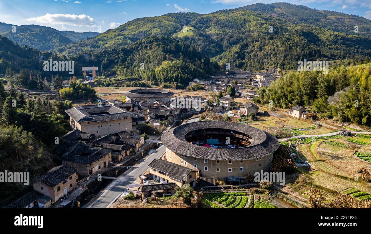 Aerial of the Hekeng Fujian Tulou, UNESCO World Heritage Site, rural ...
