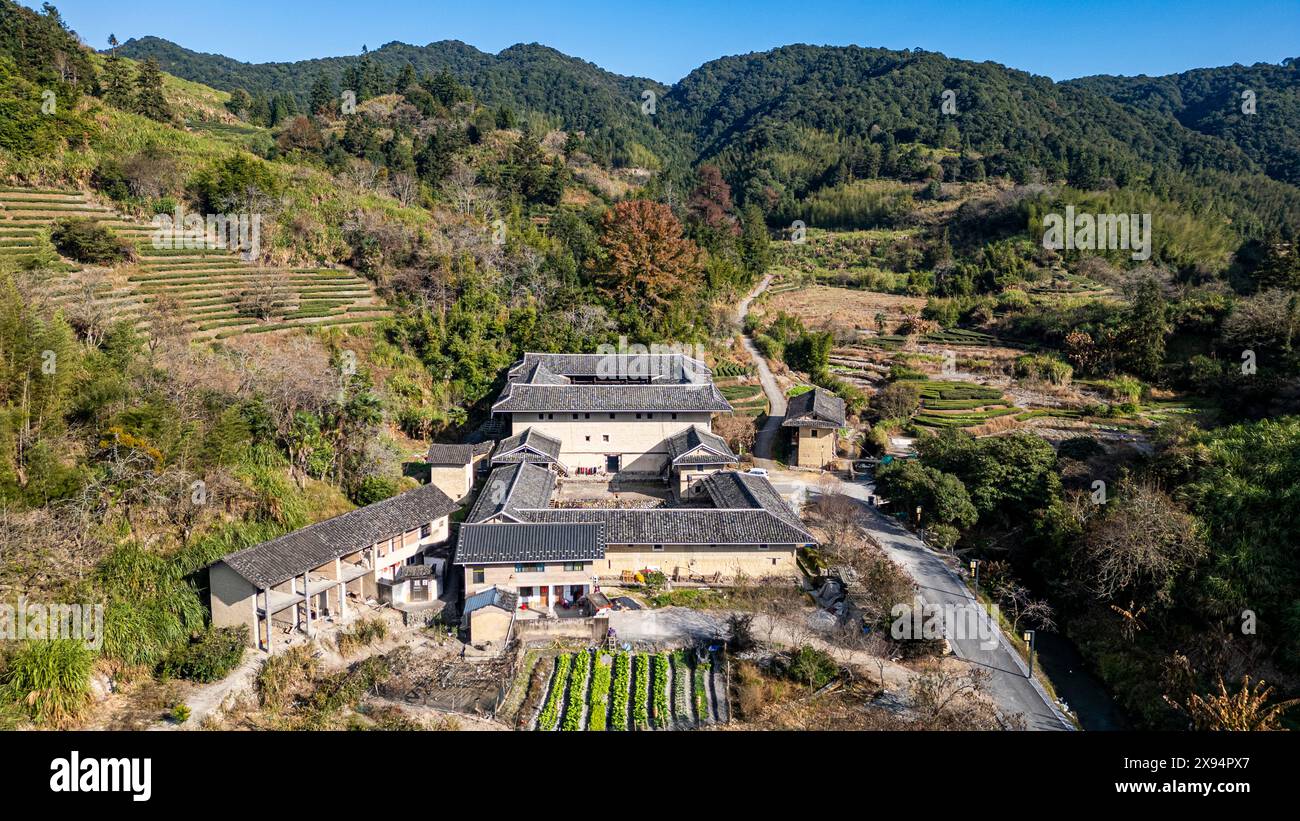 Aerial of the Hekeng Fujian Tulou, UNESCO World Heritage Site, rural ...