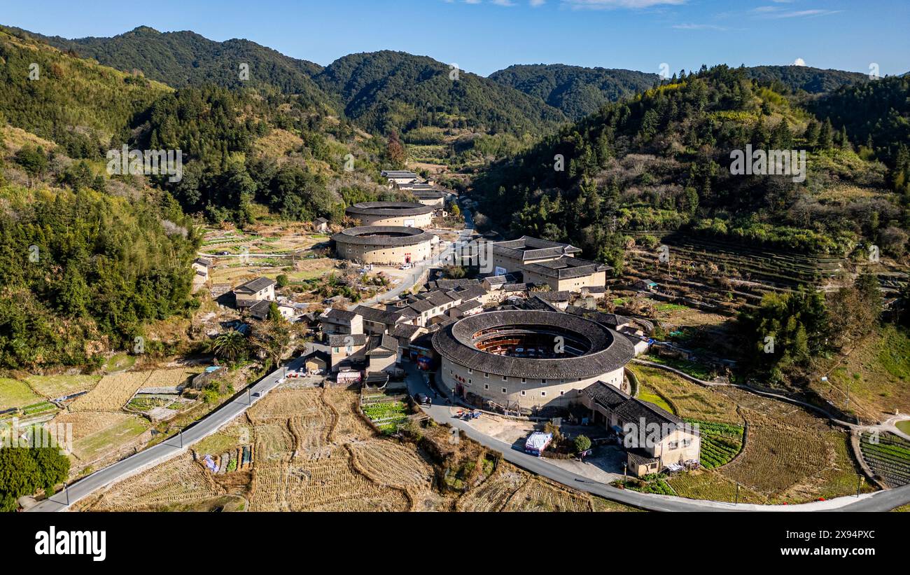 Aerial of the Hekeng Fujian Tulou, UNESCO World Heritage Site, rural ...