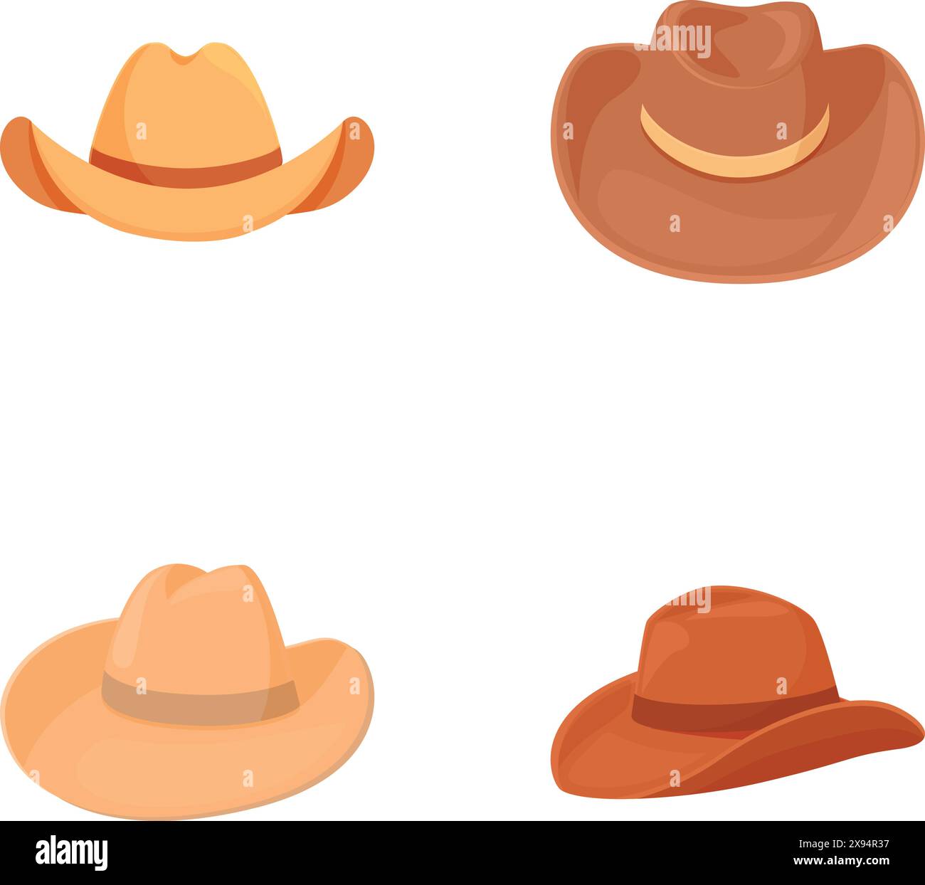 Collection of four different cartoonstyle cowboy hats, isolated on ...