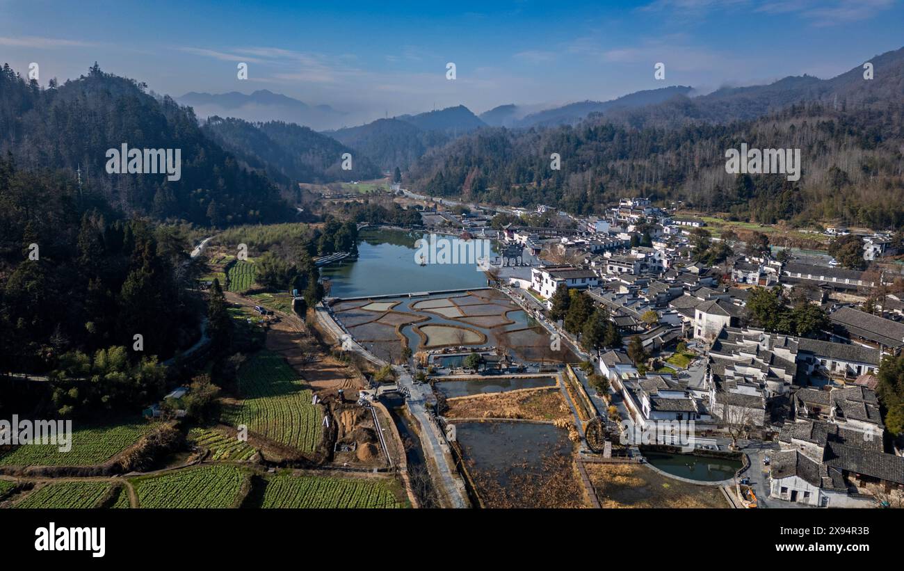 Aerial of Xidi historic ancient village, UNESCO World Heritage Site ...