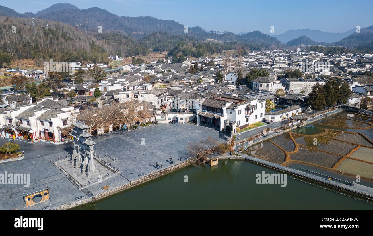 Aerial of Xidi historic ancient village, UNESCO World Heritage Site ...