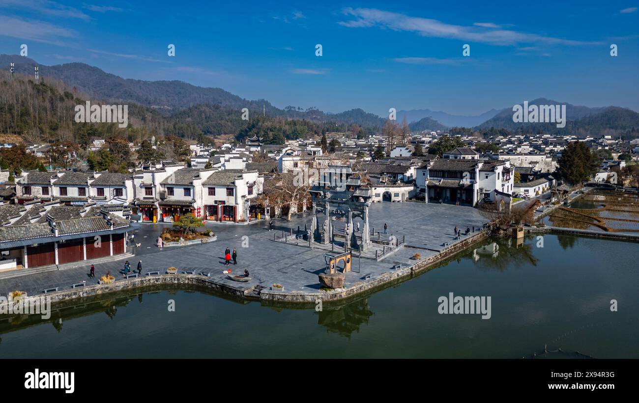 Aerial of Xidi historic ancient village, UNESCO World Heritage Site ...