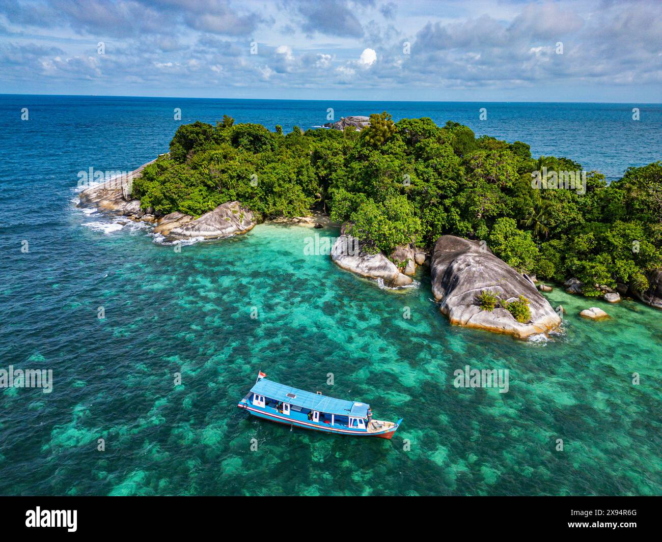 Aerial of little Keciput granite rock island, Belitung island off the ...