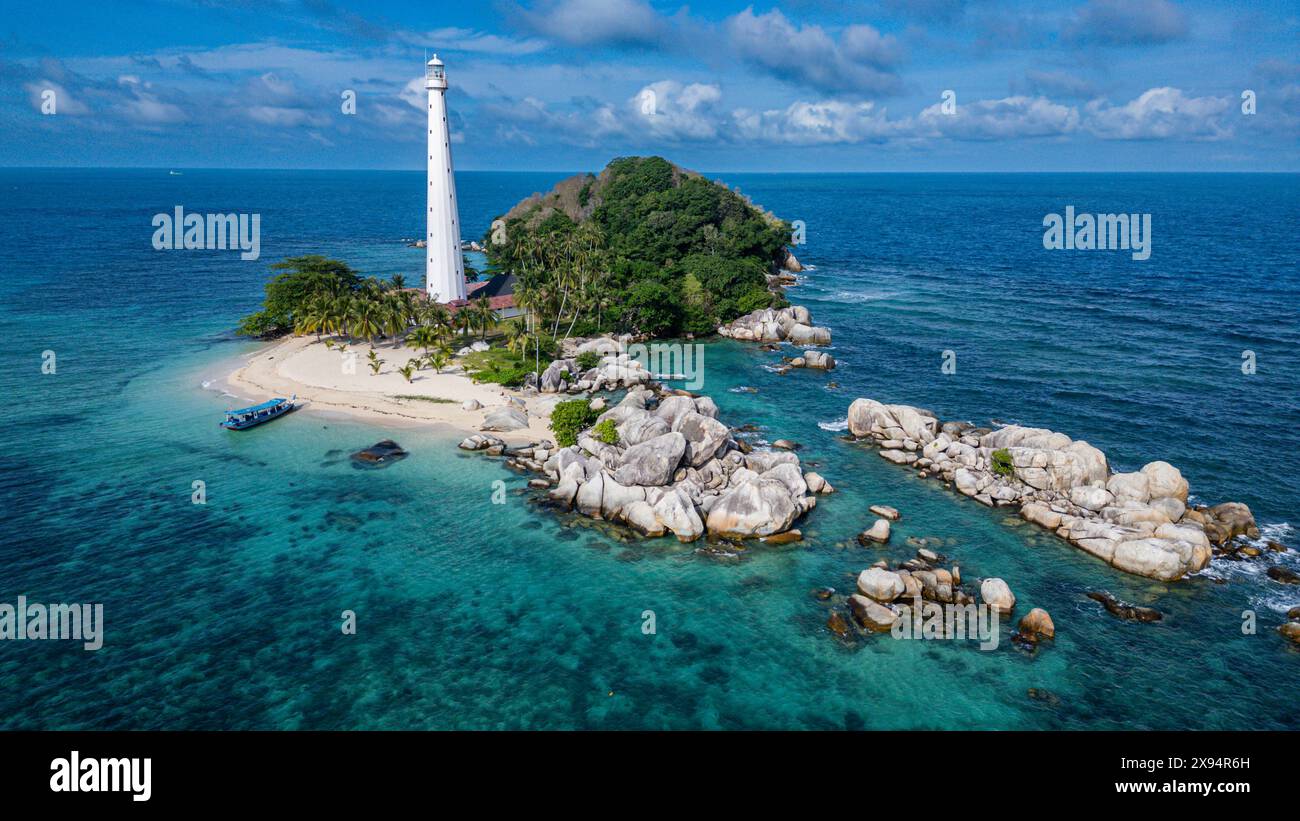 Aerial of Old Indie Lighthouse, Lengkuas Island, Belitung island off ...