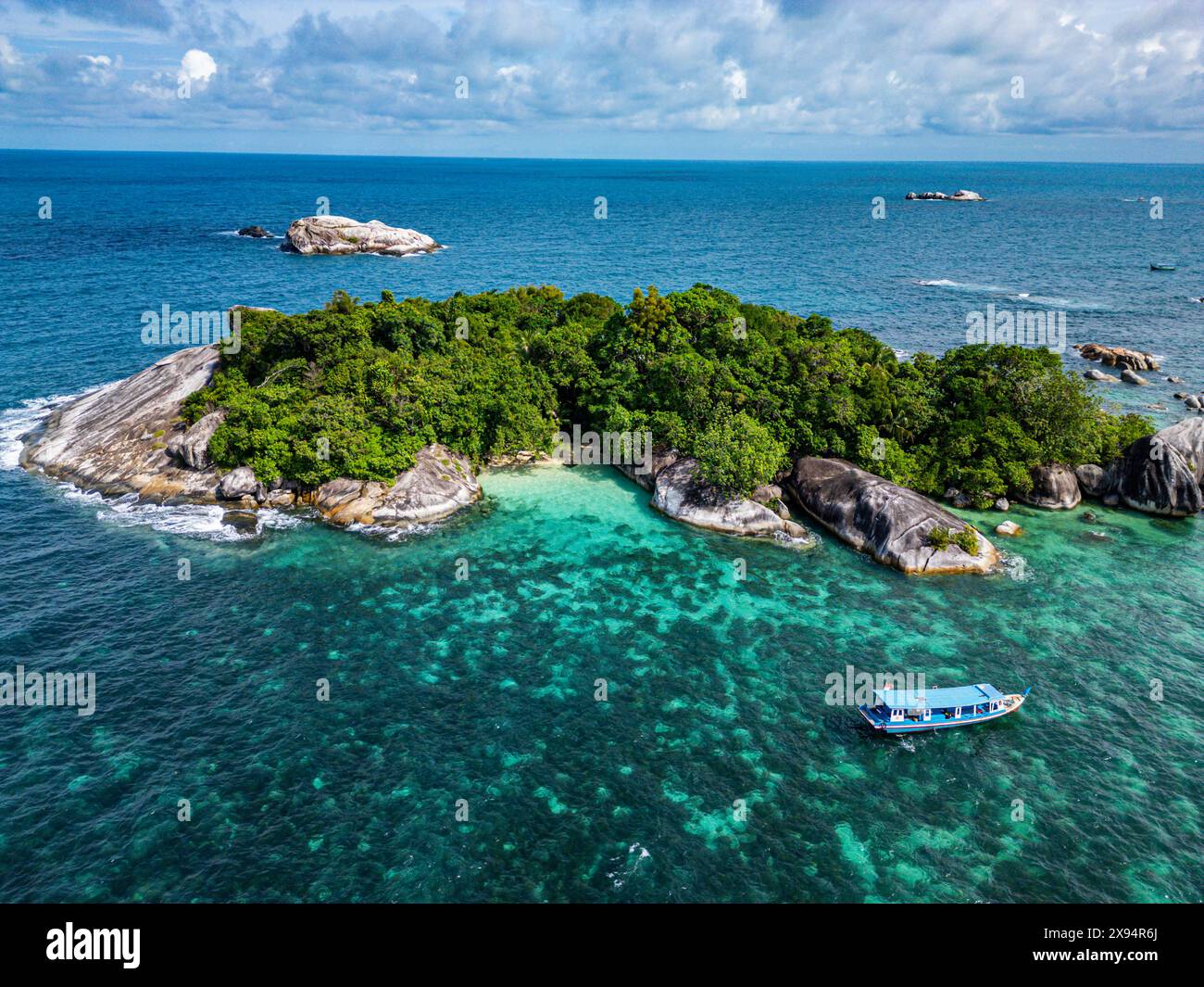 Aerial of little Keciput granite rock island, Belitung island off the ...