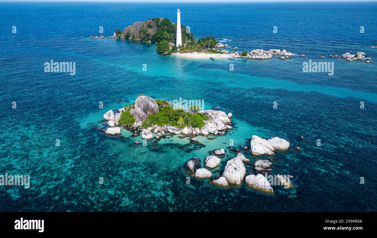 Aerial of Old Indie Lighthouse, Lengkuas Island, Belitung island off ...