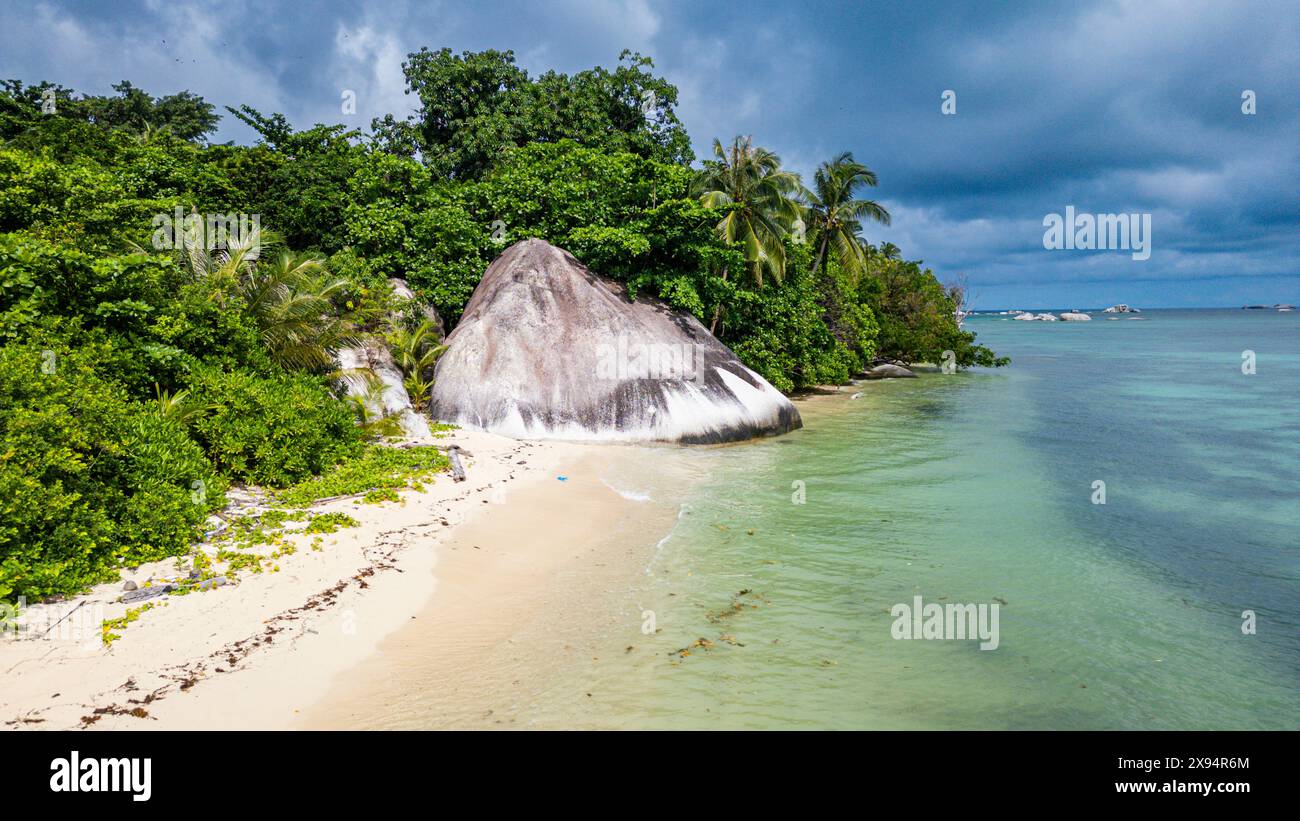 Aerial of Kepayang island, Belitung island off the coast of Sumatra ...