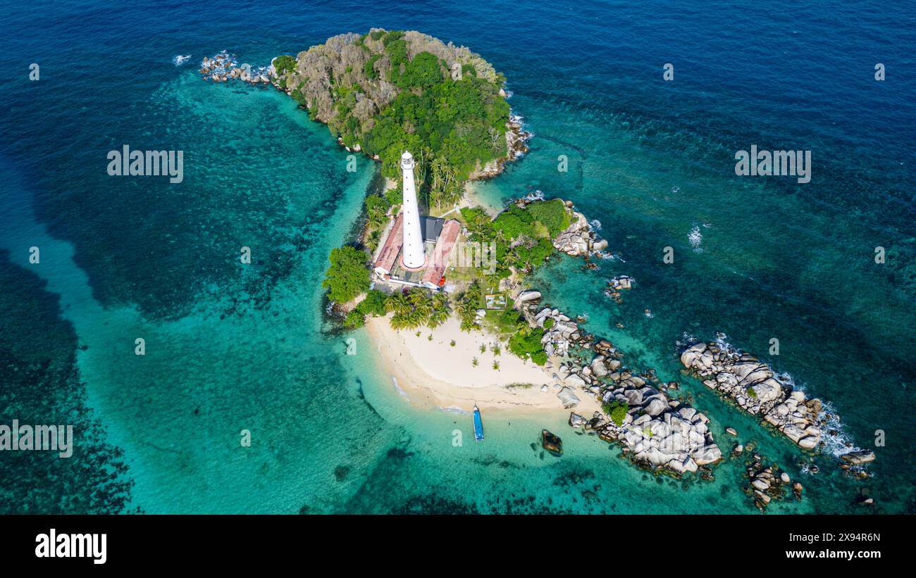 Aerial of Old Indie Lighthouse, Lengkuas Island, Belitung island off ...