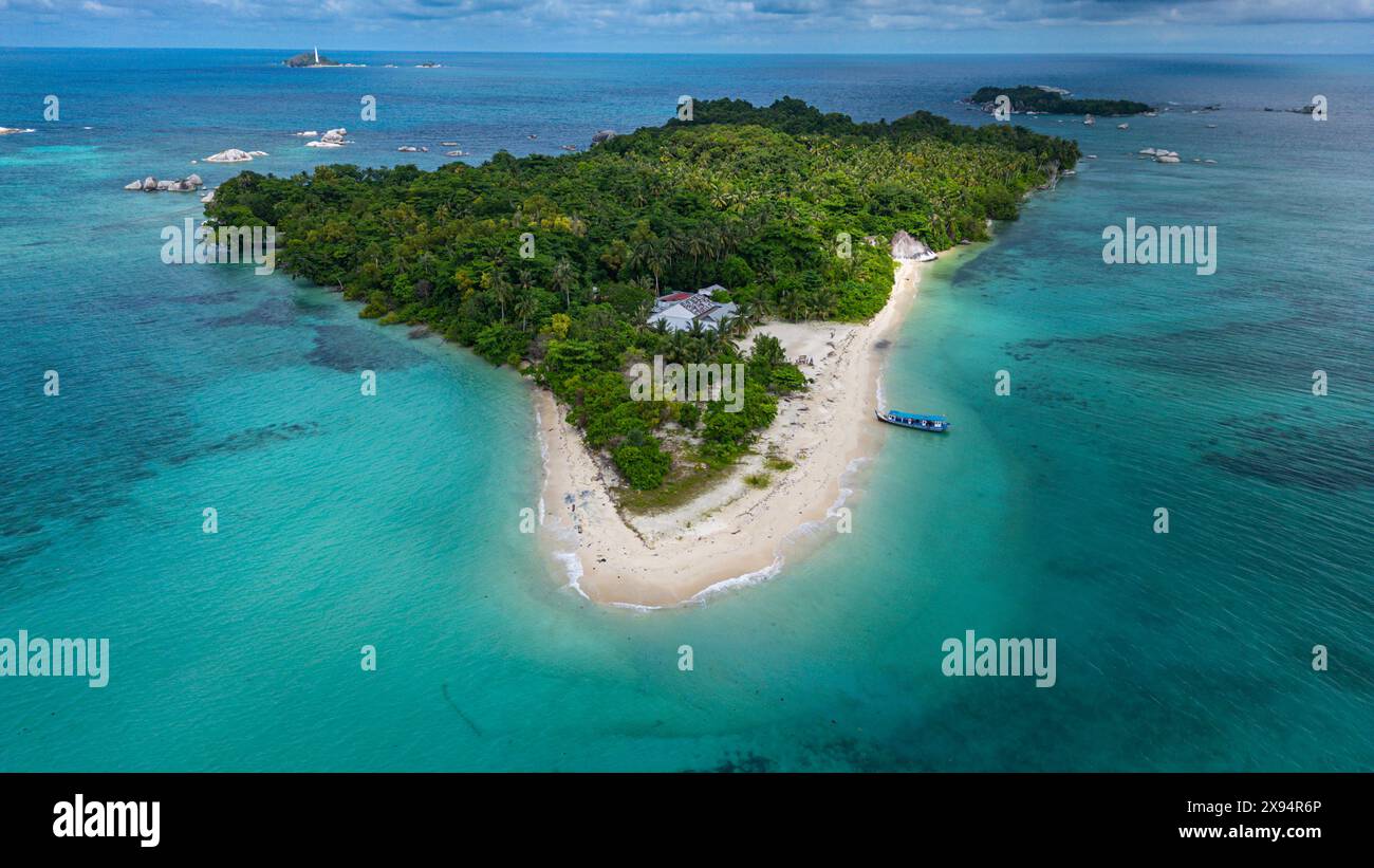 Aerial of Kepayang island, Belitung island off the coast of Sumatra ...