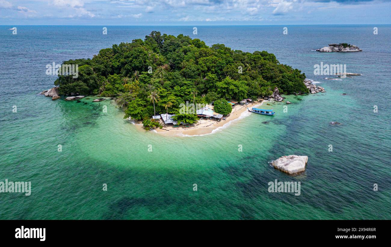 Aerial of Pulau Kelayang, Belitung island off the coast of Sumatra ...