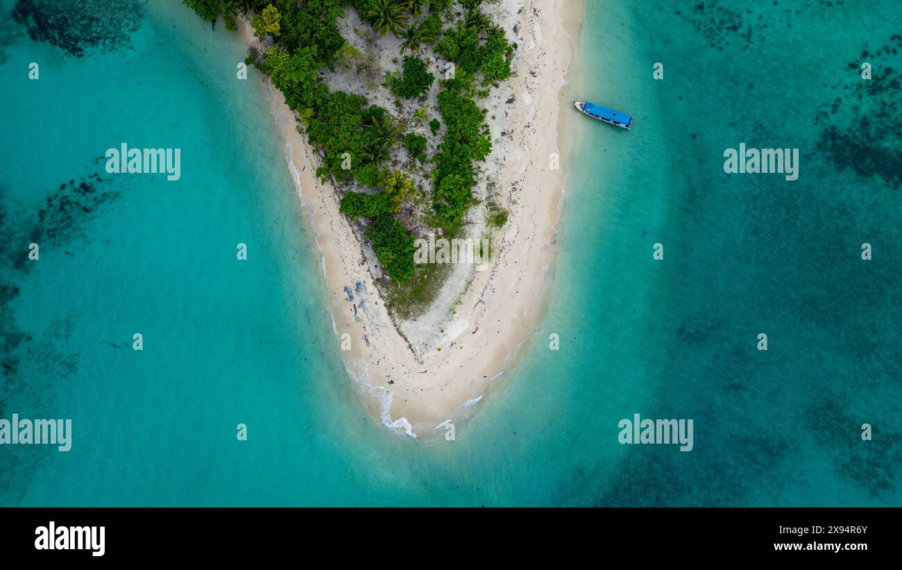 Aerial of Kepayang island, Belitung island off the coast of Sumatra ...