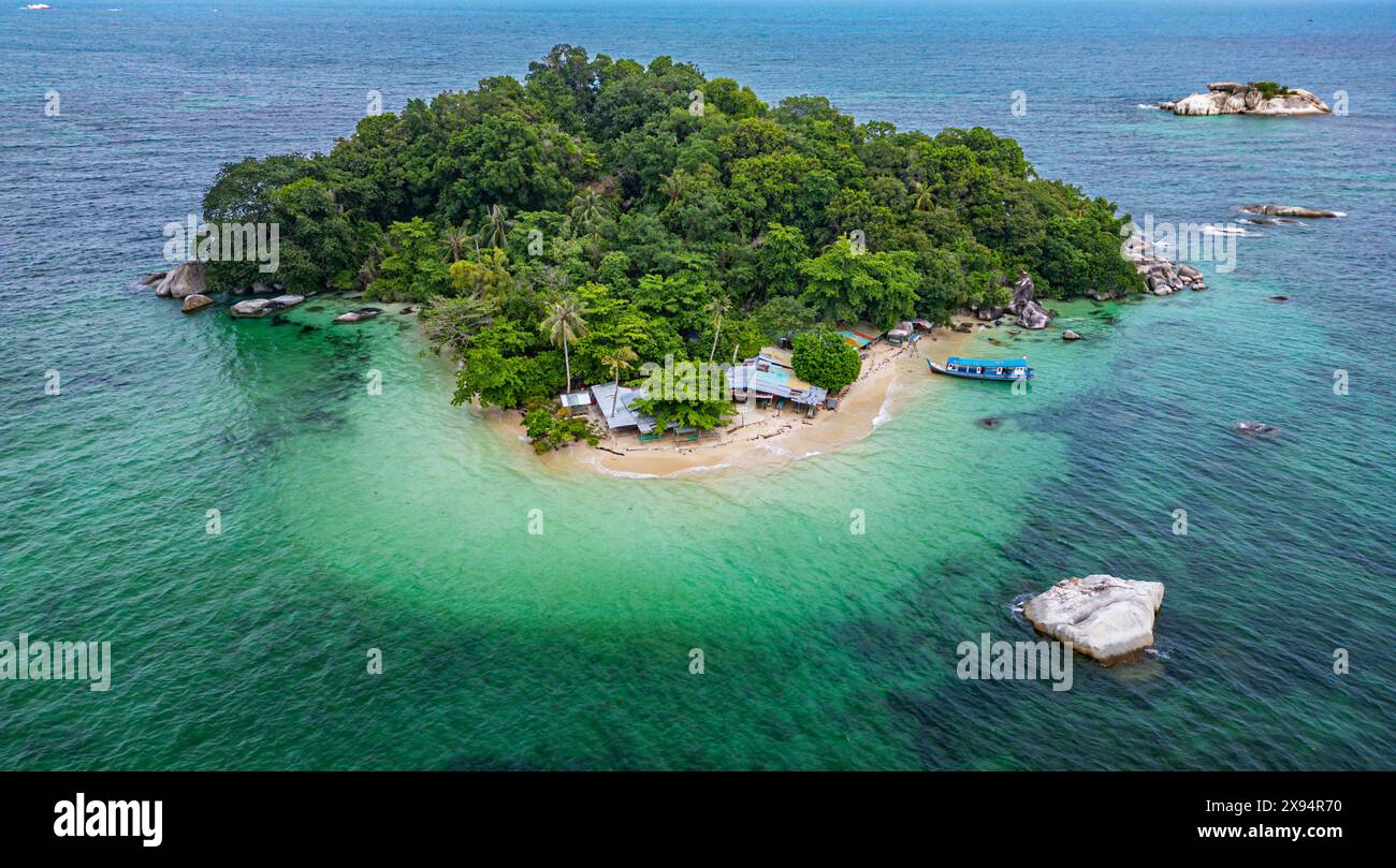 Aerial of Pulau Kelayang, Belitung island off the coast of Sumatra ...