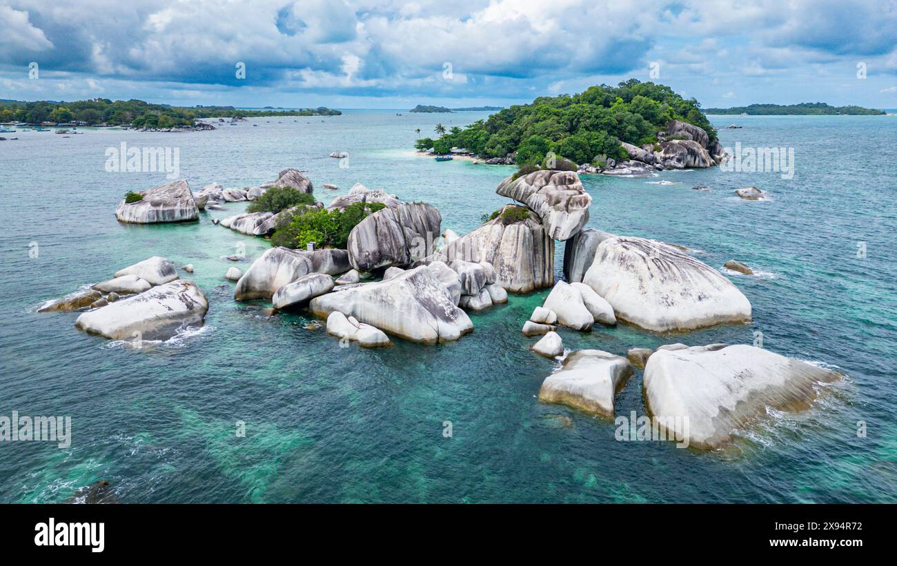 Aerial of Pulau Kelayang, Belitung island off the coast of Sumatra ...