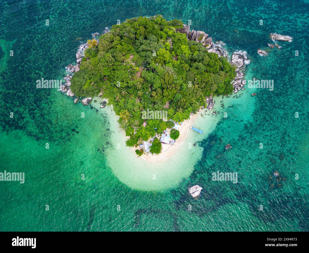 Aerial of Pulau Kelayang, Belitung island off the coast of Sumatra ...