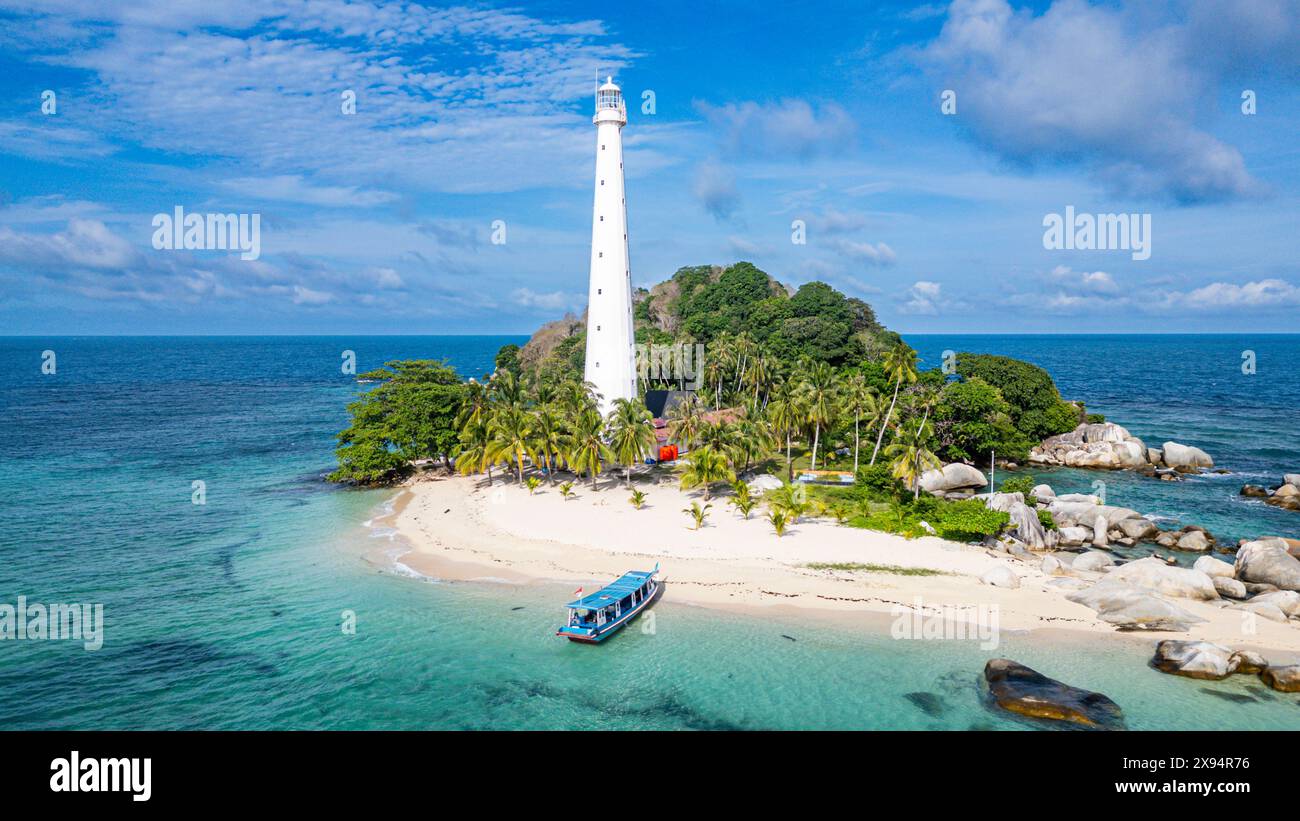 Aerial of Lengkuas (Old Indie Lighthouse Island), Belitung island off ...