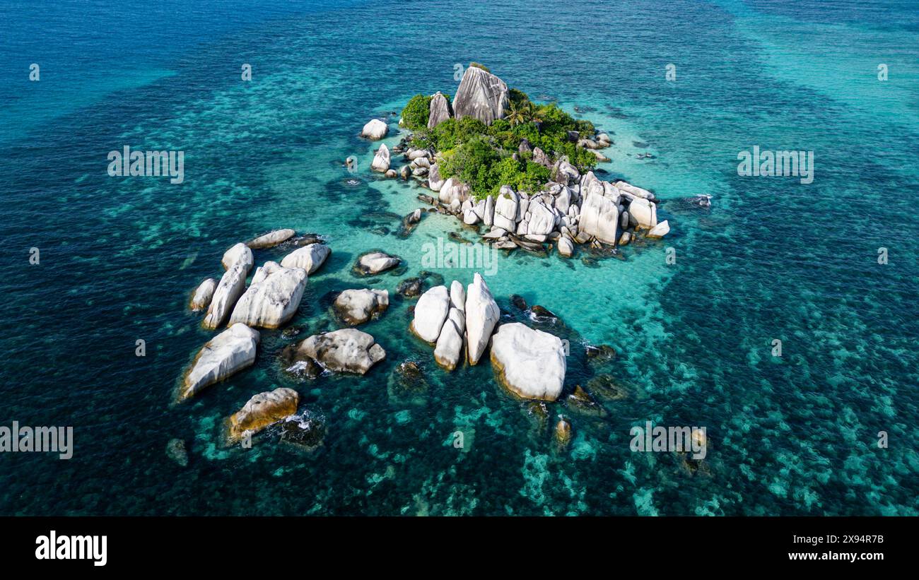 Aerial of rocks off Lengkuas Island, Belitung island off the coast of ...