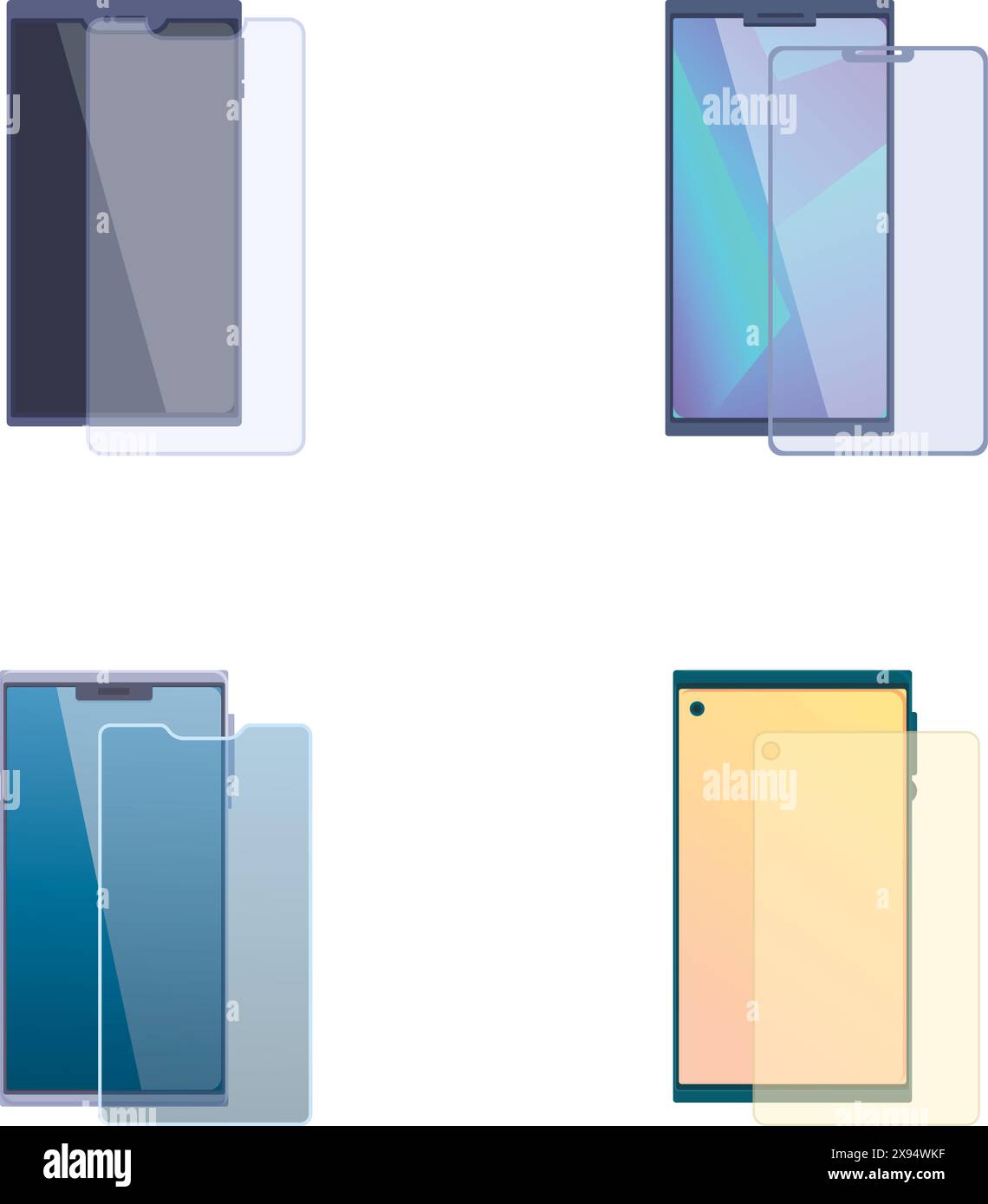 Vector illustrations of smartphones with various screen protectors on ...