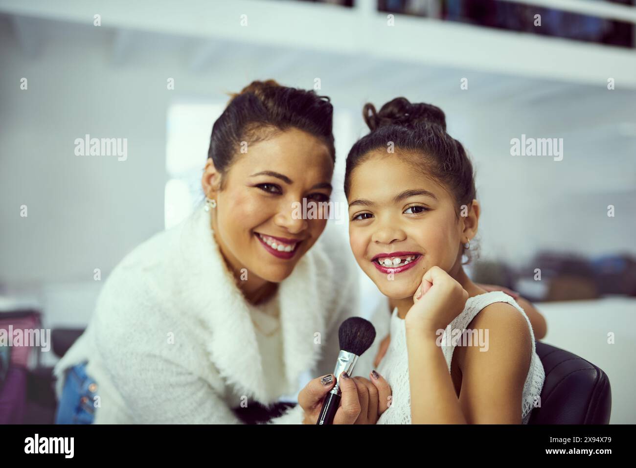 Backstage, makeup or portrait of girl and stylist in studio, getting ...