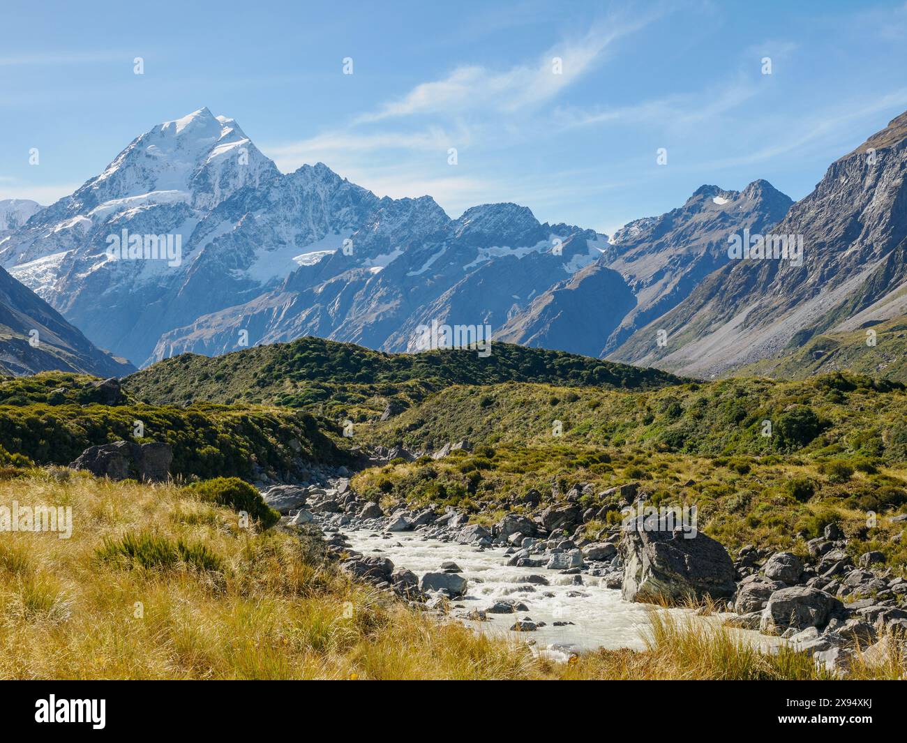 View of Aoraki (Mount Cook) from the Hooker Valley Trail in Aoraki ...