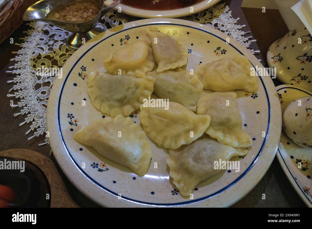 Traditional food dish with dumplings served in a tavern, Warsaw, Poland ...