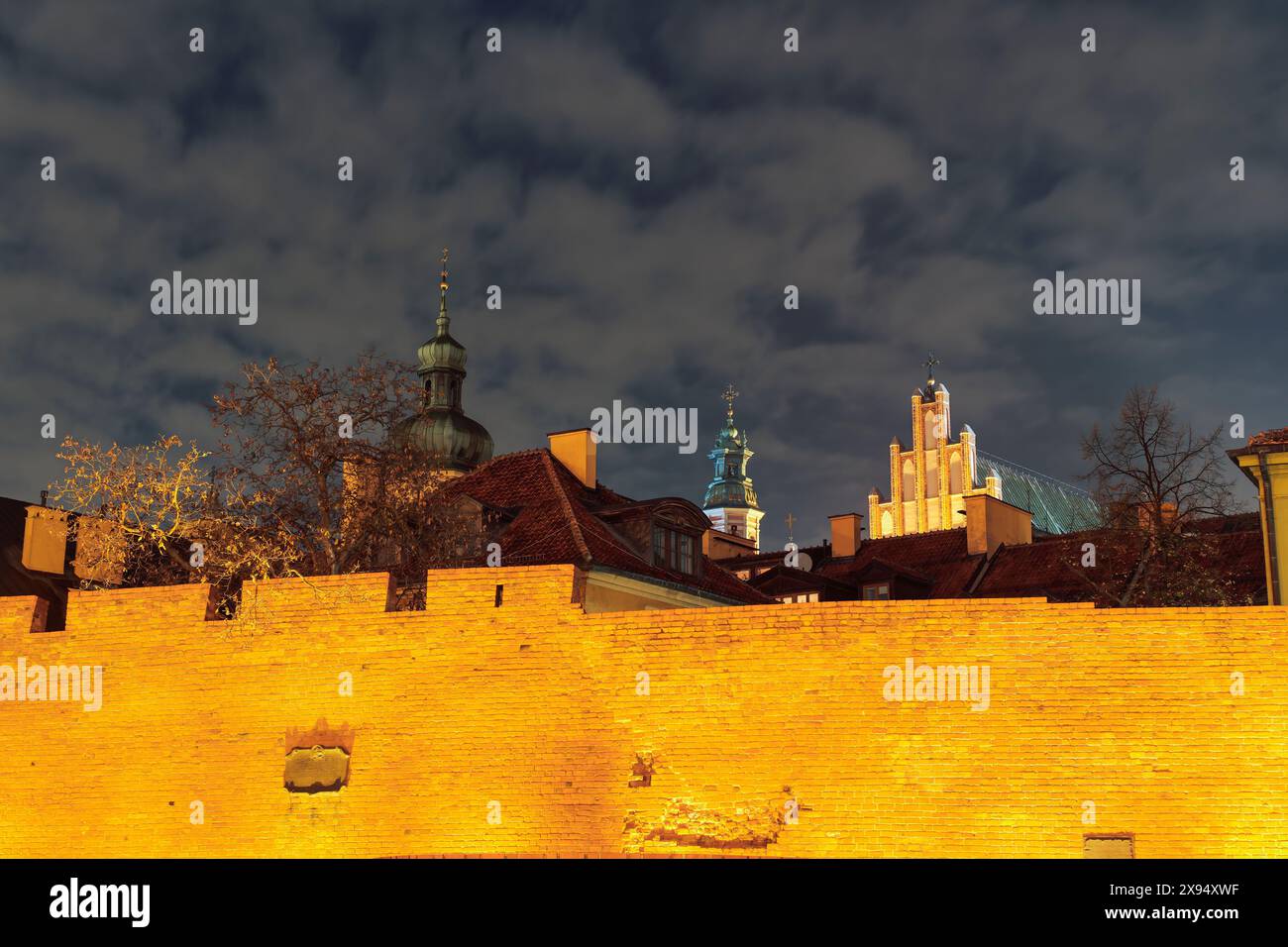 View of illuminated defensive wall fortification in front of ...