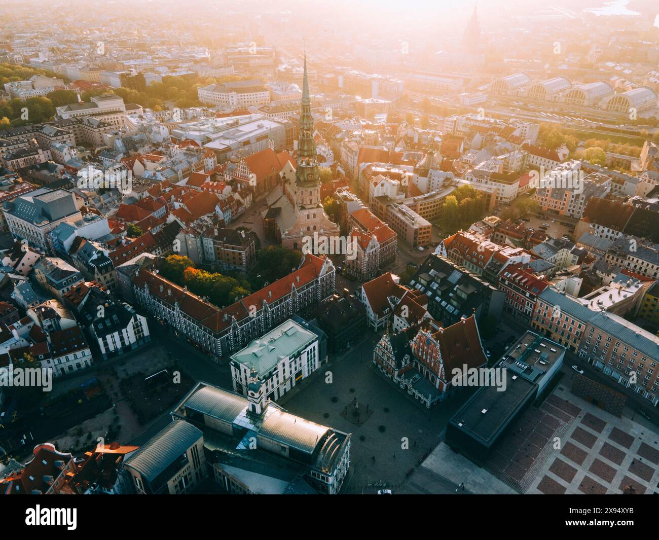 Aerial drone sunrise view of St. Peter's Church and House of the Black ...