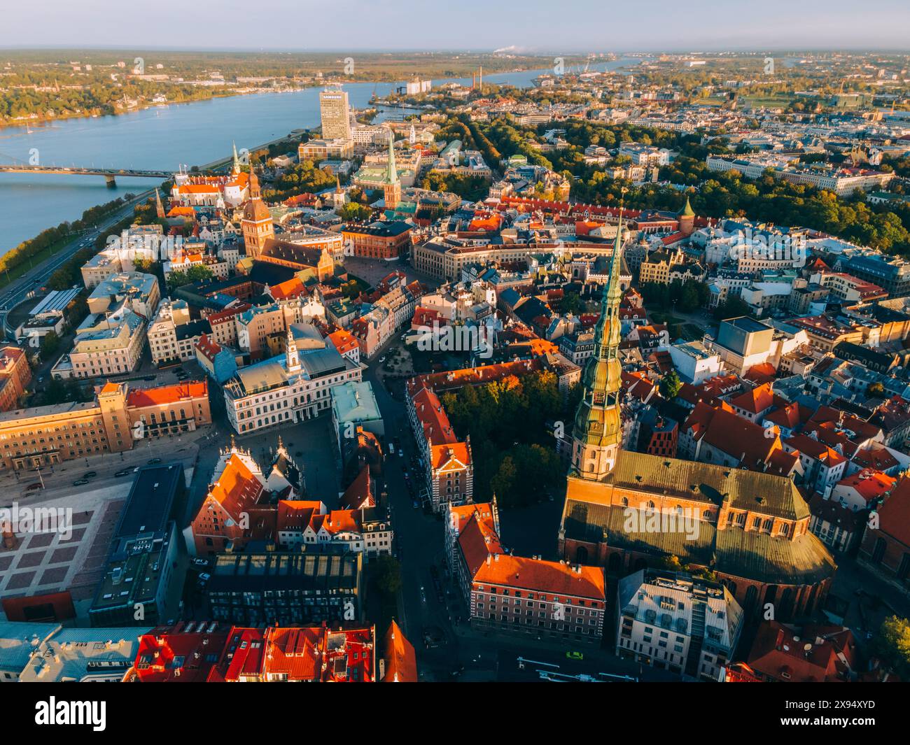 Aerial drone sunrise view of St. Peter's Church and House of the Black ...