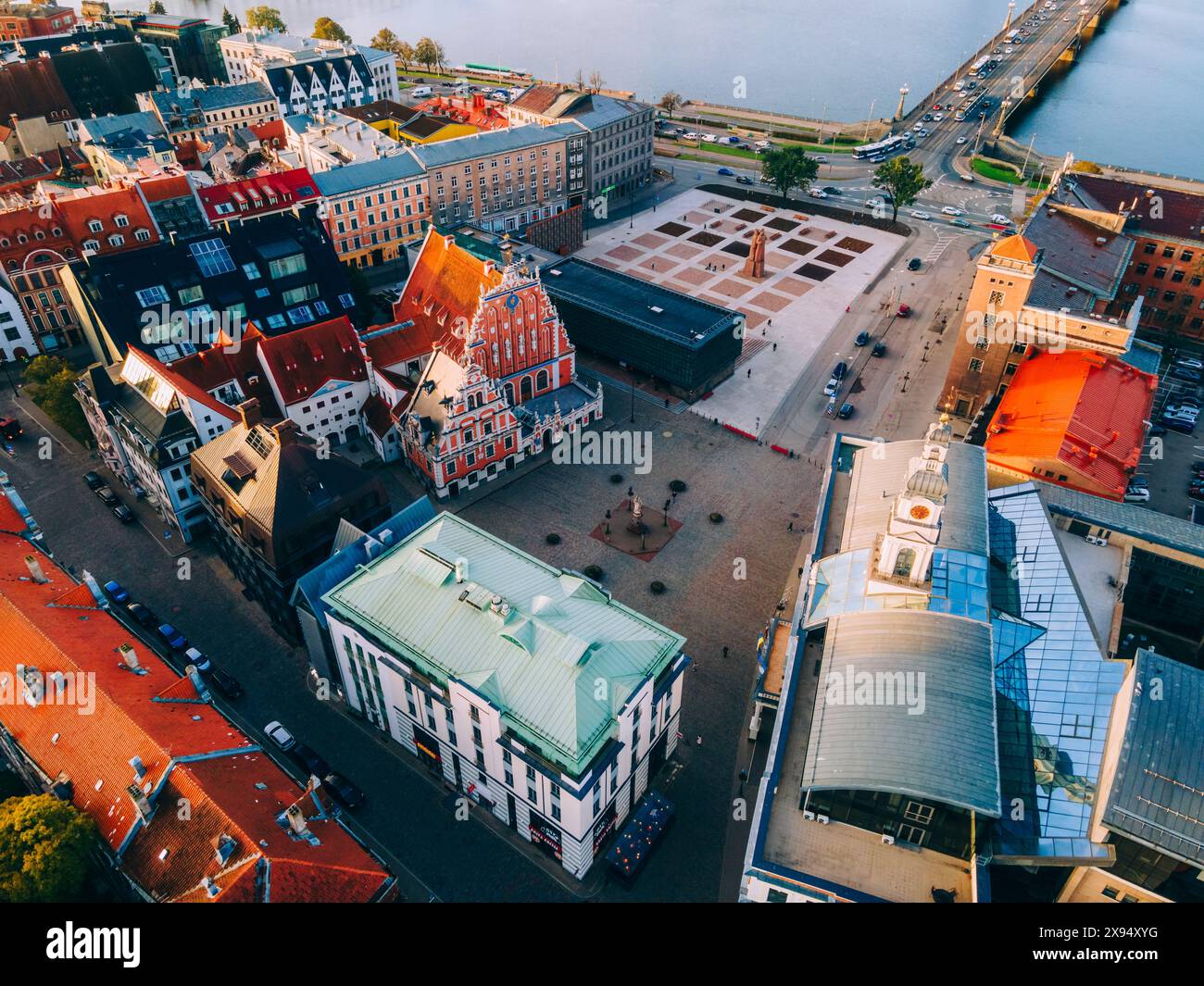 Aerial drone sunrise view of Rathausplatz and House of the Black Heads ...