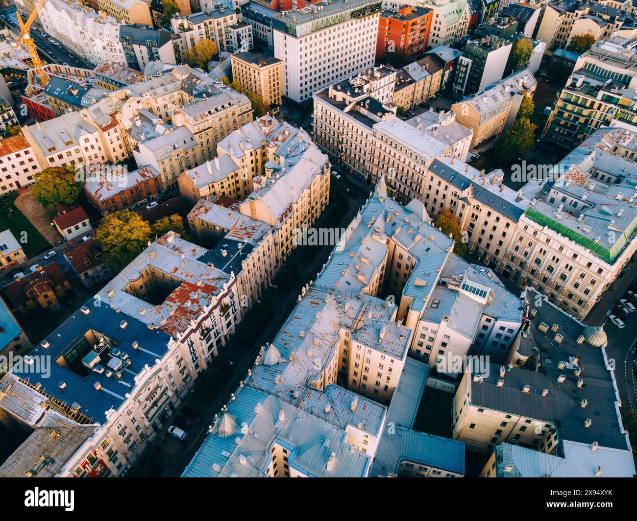 Aerial drone sunset view of Albert Street in the Art Nouveau District ...