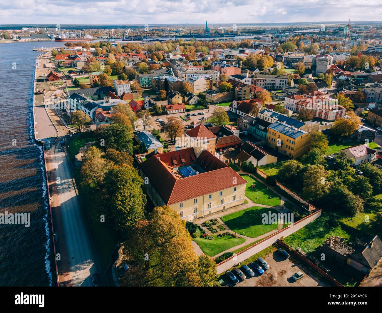 Aerial drone view of the Livonian Order Castle in Ventspils on the ...
