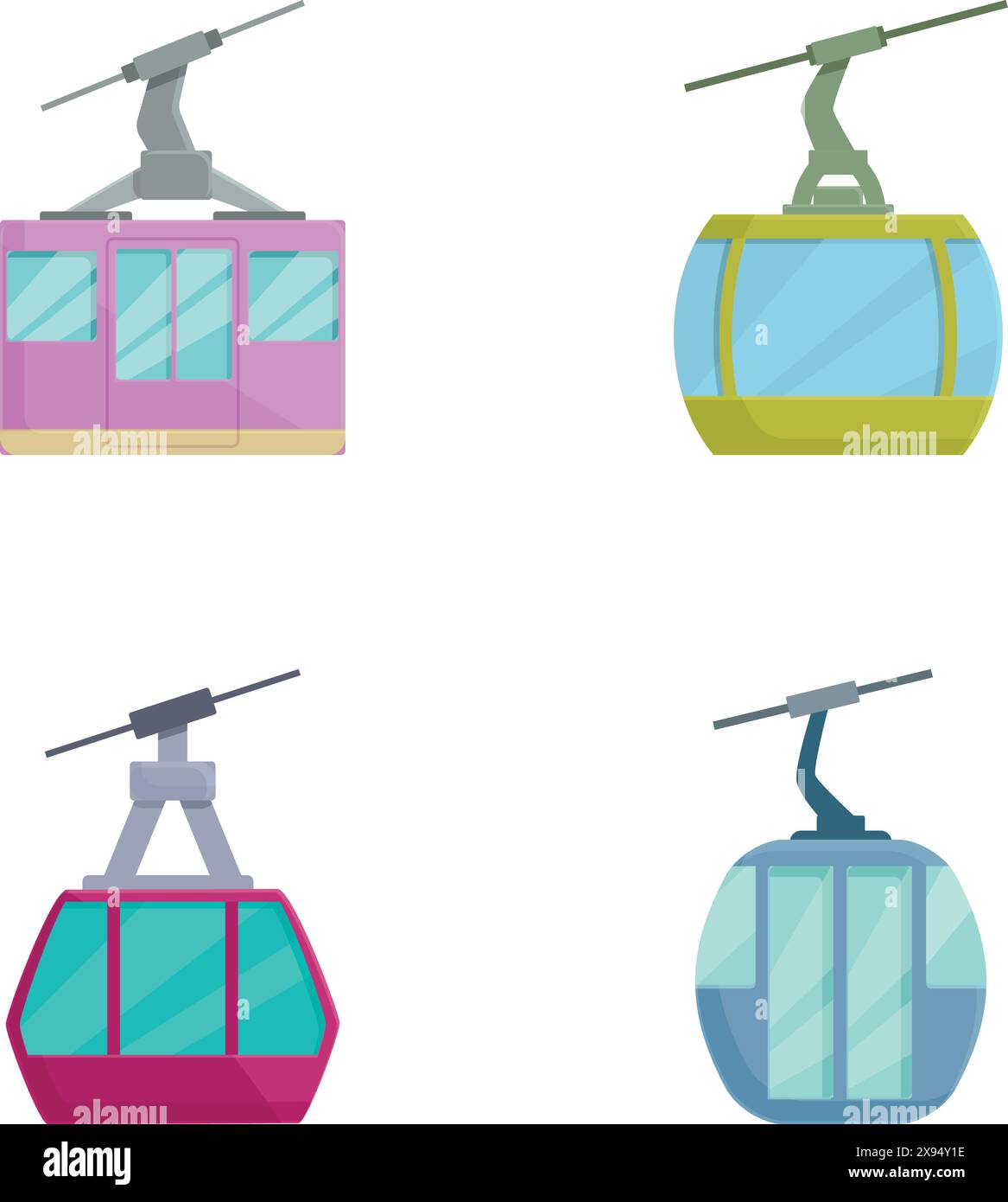 Four vector illustrations of colorful cable cars in a flat design style ...