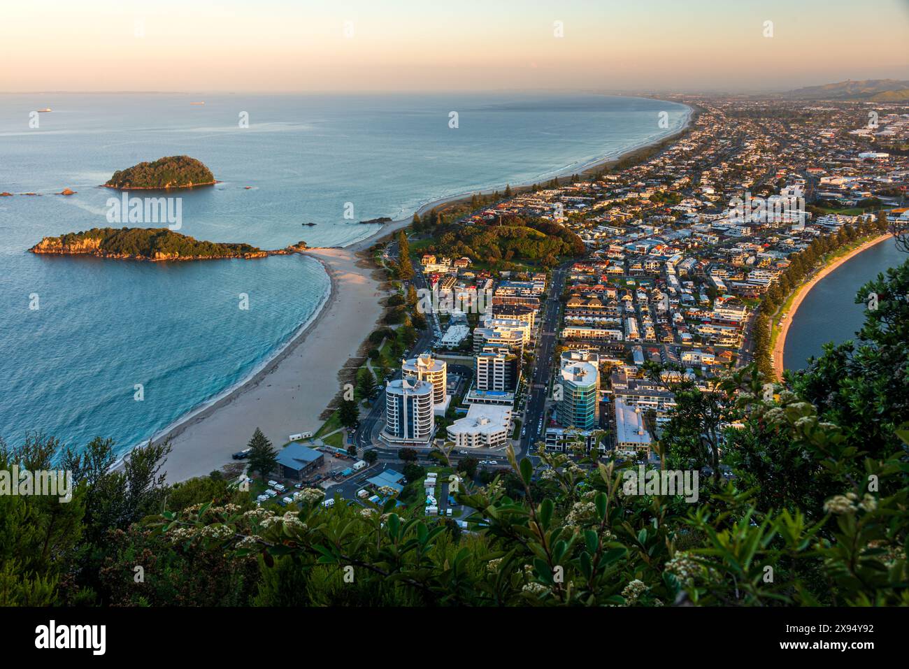 Aerial of Mount Maunganui at sunset, Tauranga, Bay of Plenty, North ...