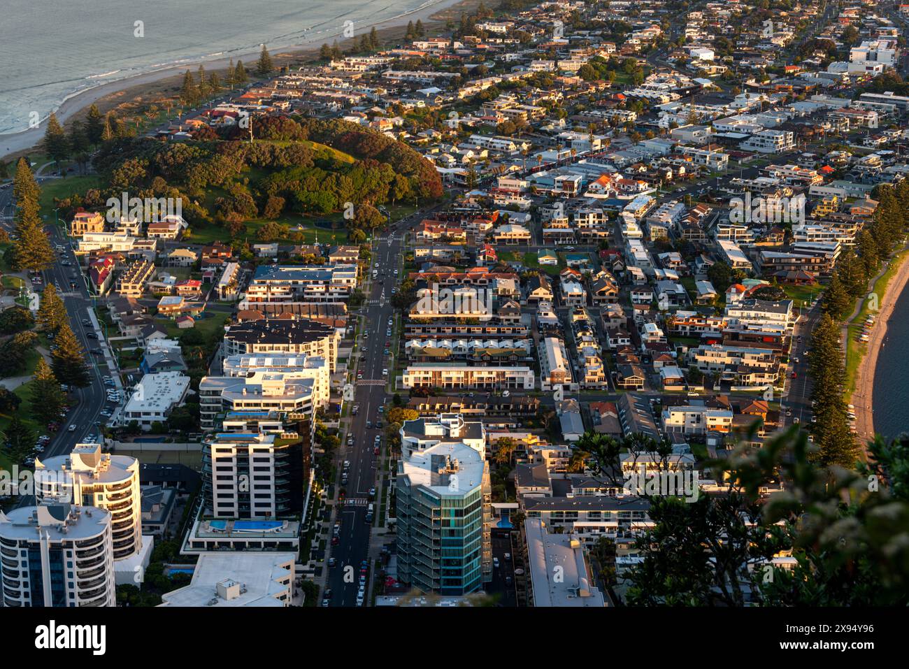 Low aerial view of residential area of Mount Maunganui, Tauranga, Bay ...