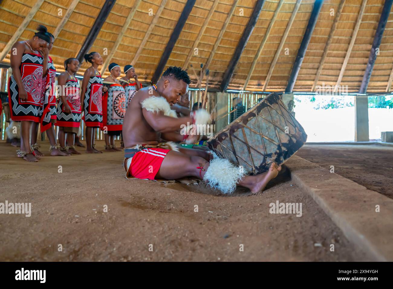 View of Swazi musical and dance performance, Mantenga Cultural Village ...