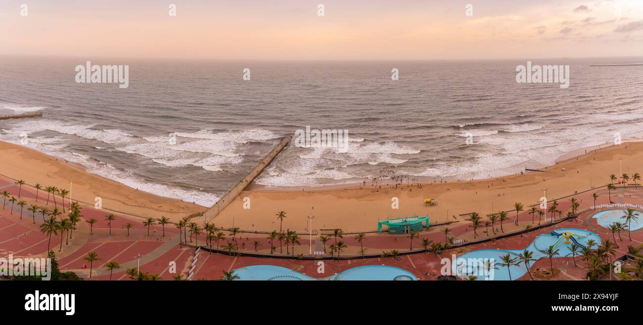 Elevated view of beaches, promenade and Indian Ocean, Durban, KwaZulu ...