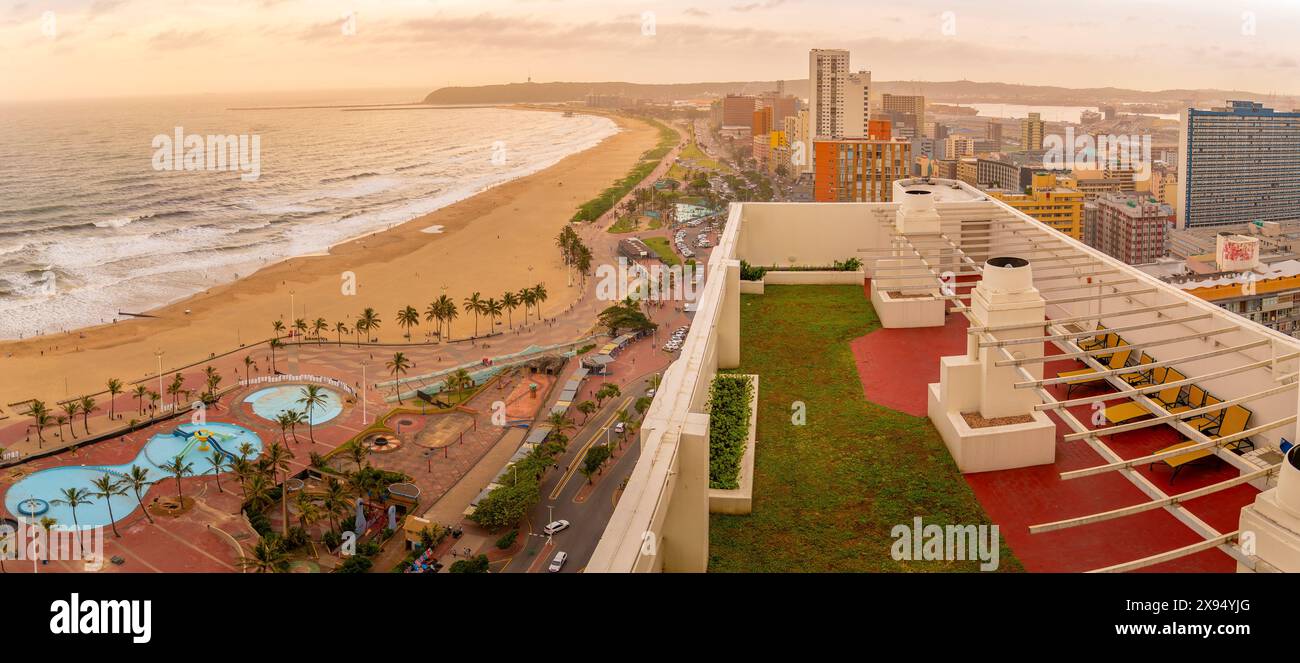 Elevated view of beaches, promenade and Indian Ocean, Durban, KwaZulu ...