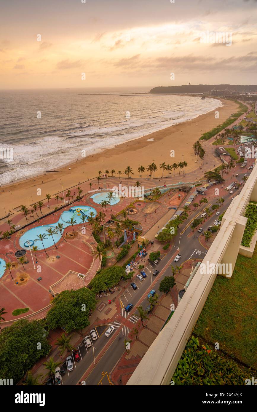 Elevated view of beaches, promenade and Indian Ocean, Durban, KwaZulu ...