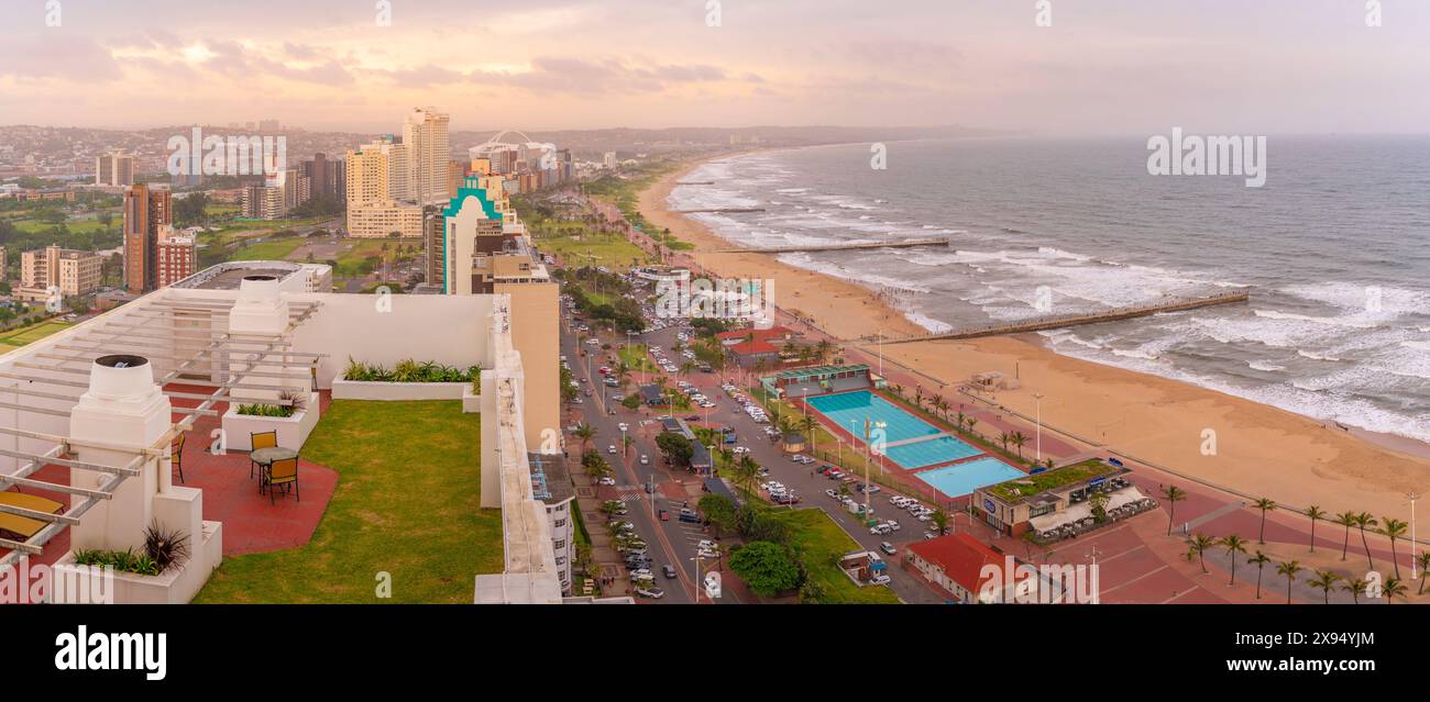 Elevated view of beaches, promenade and Indian Ocean, Durban, KwaZulu ...