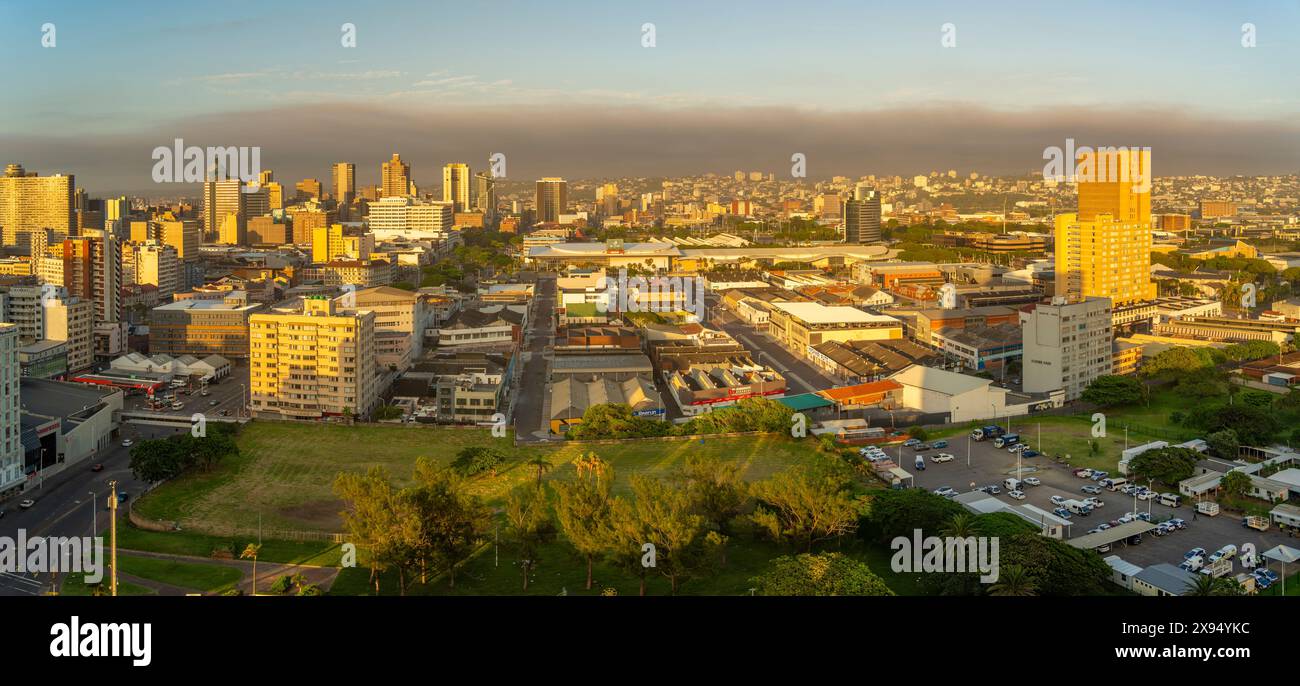 Elevated view of Durban city skyline at sunrise, Durban, KwaZulu-Natal Province, South Africa ...