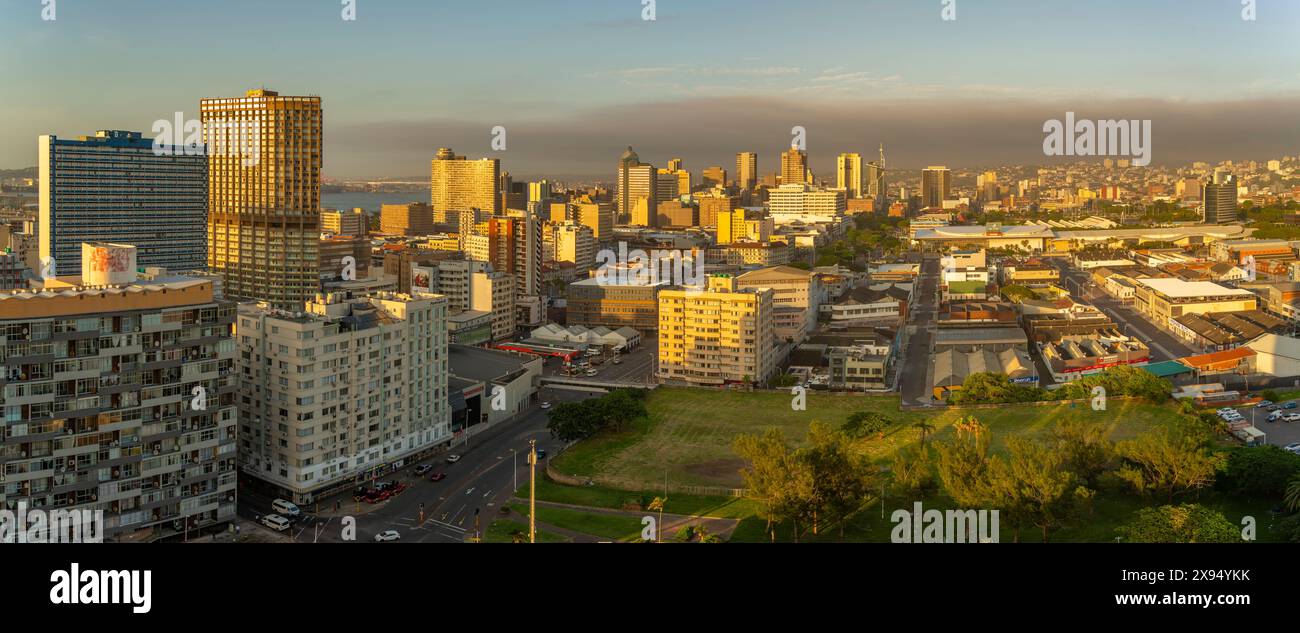 Elevated view of Durban city skyline at sunrise, Durban, KwaZulu-Natal Province, South Africa ...