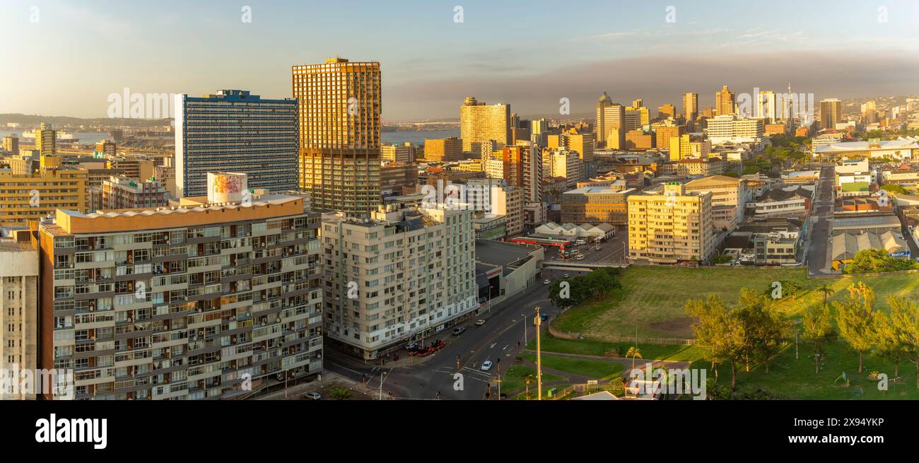 Elevated view of Durban city skyline at sunrise, Durban, KwaZulu-Natal ...