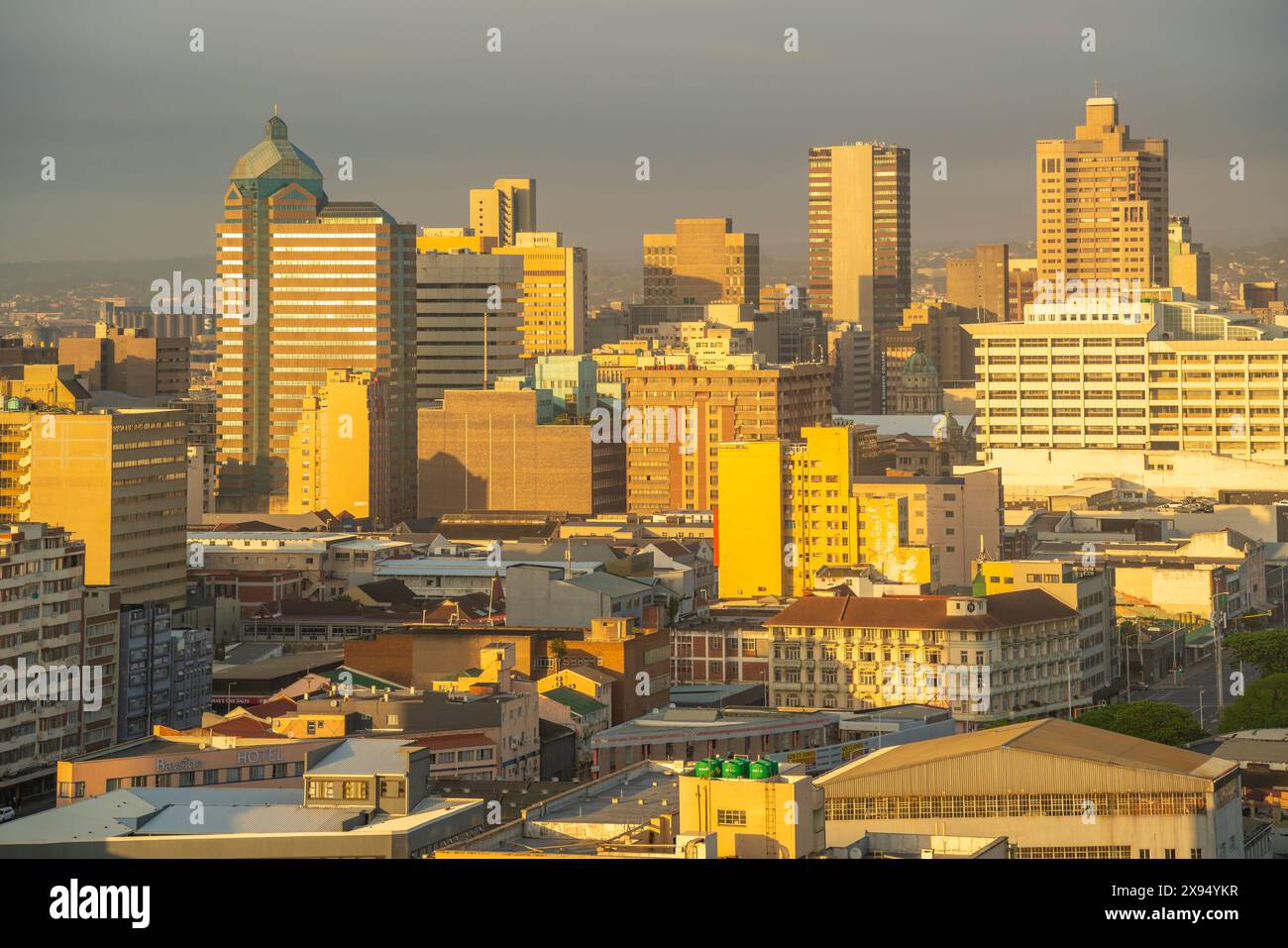 Elevated view of Durban city skyline at sunrise, Durban, KwaZulu-Natal Province, South Africa ...