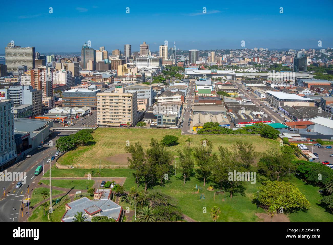 Elevated view of Durban city skyline, Durban, KwaZulu-Natal Province, South Africa, Africa Stock ...