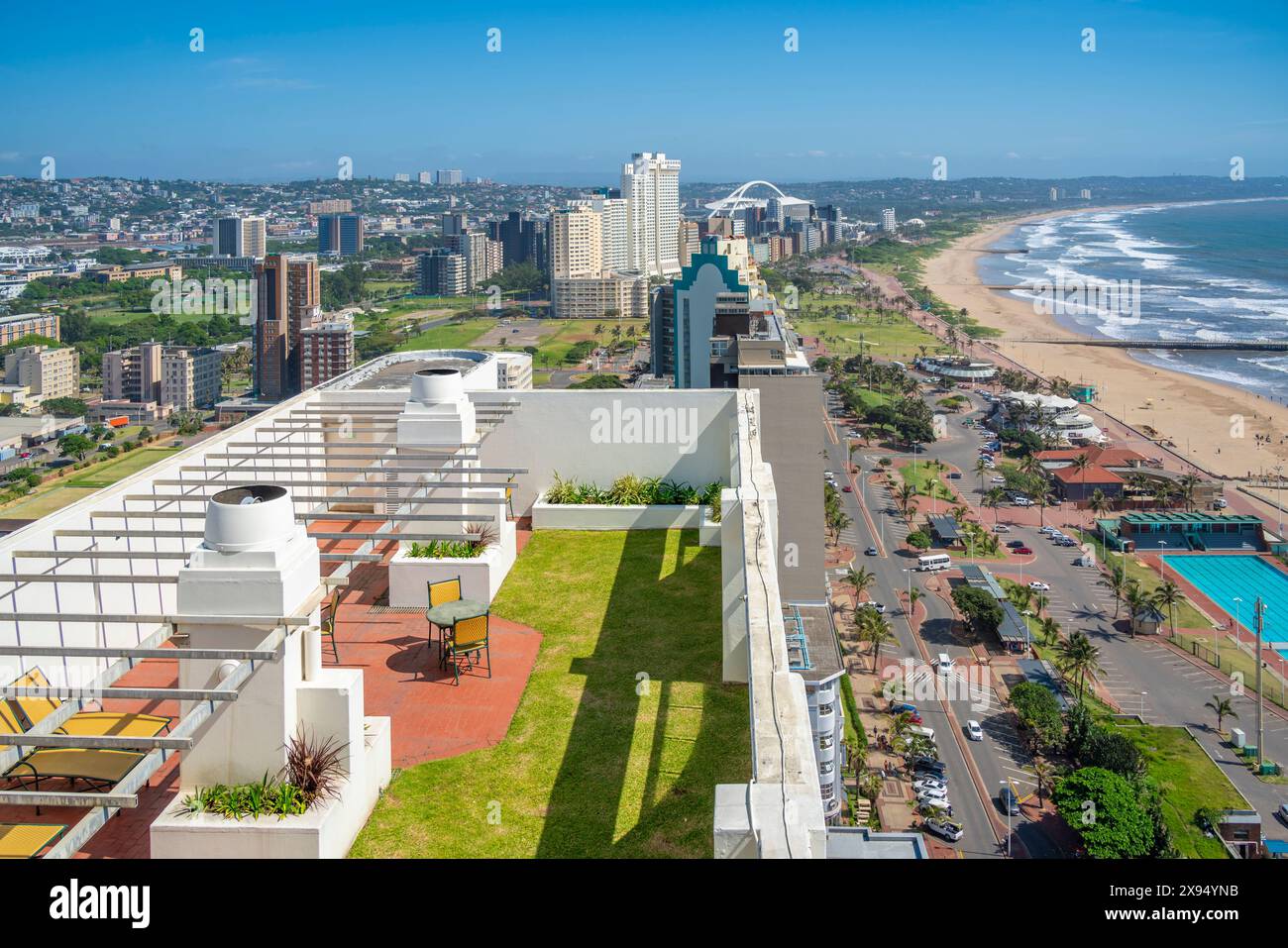 Elevated view of beaches, hotels, promenade and Indian Ocean, Durban, KwaZulu-Natal Province ...