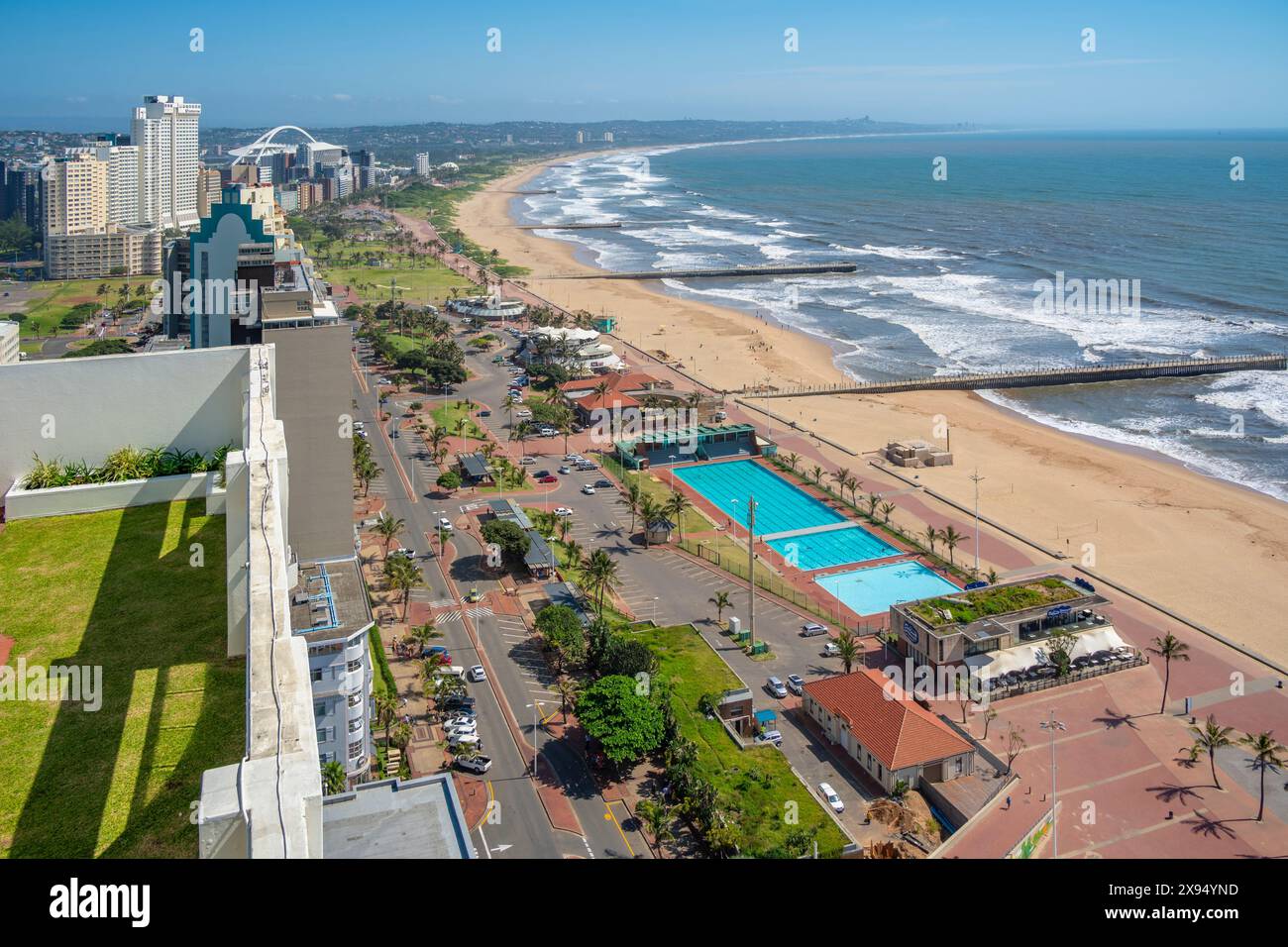 Elevated view of beaches, hotels, promenade and Indian Ocean, Durban, KwaZulu-Natal Province ...