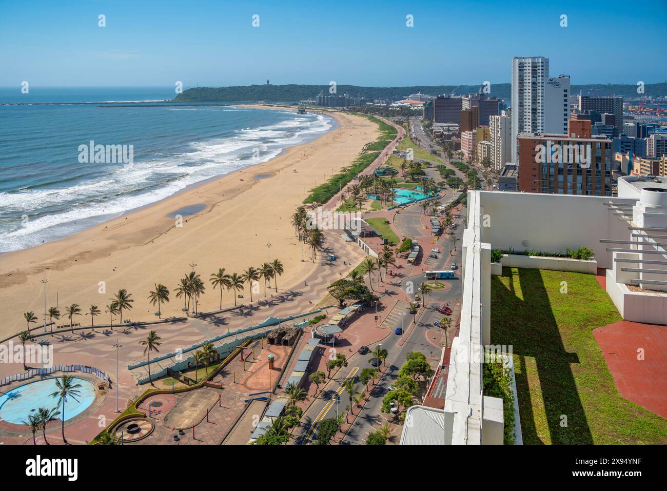 Elevated view of beaches, hotels, promenade and Indian Ocean, Durban ...