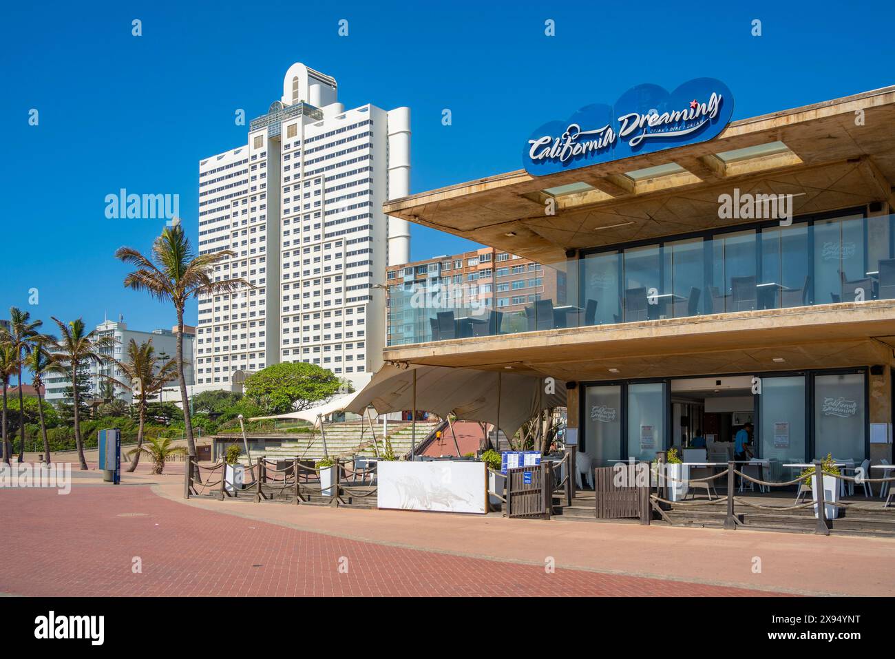 View of cafe and hotels on promenade, Durban, KwaZulu-Natal Province ...