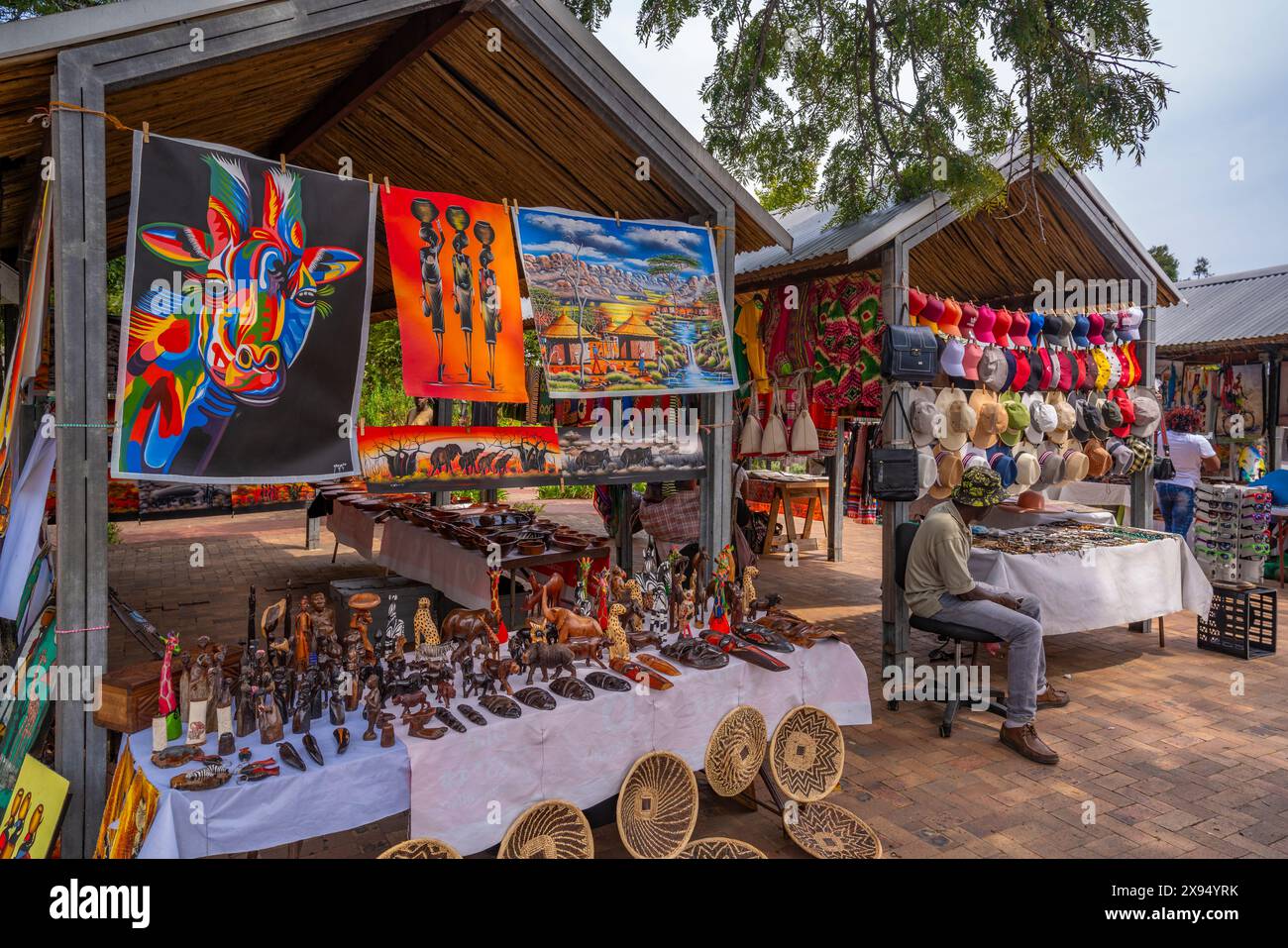 View of souvenir and craft stalls on St. George Street, Knysna Central ...
